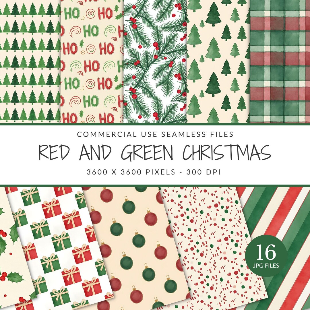 Red and Green Christmas Seamless Pattern Pack, Vintage Holiday Digital ...