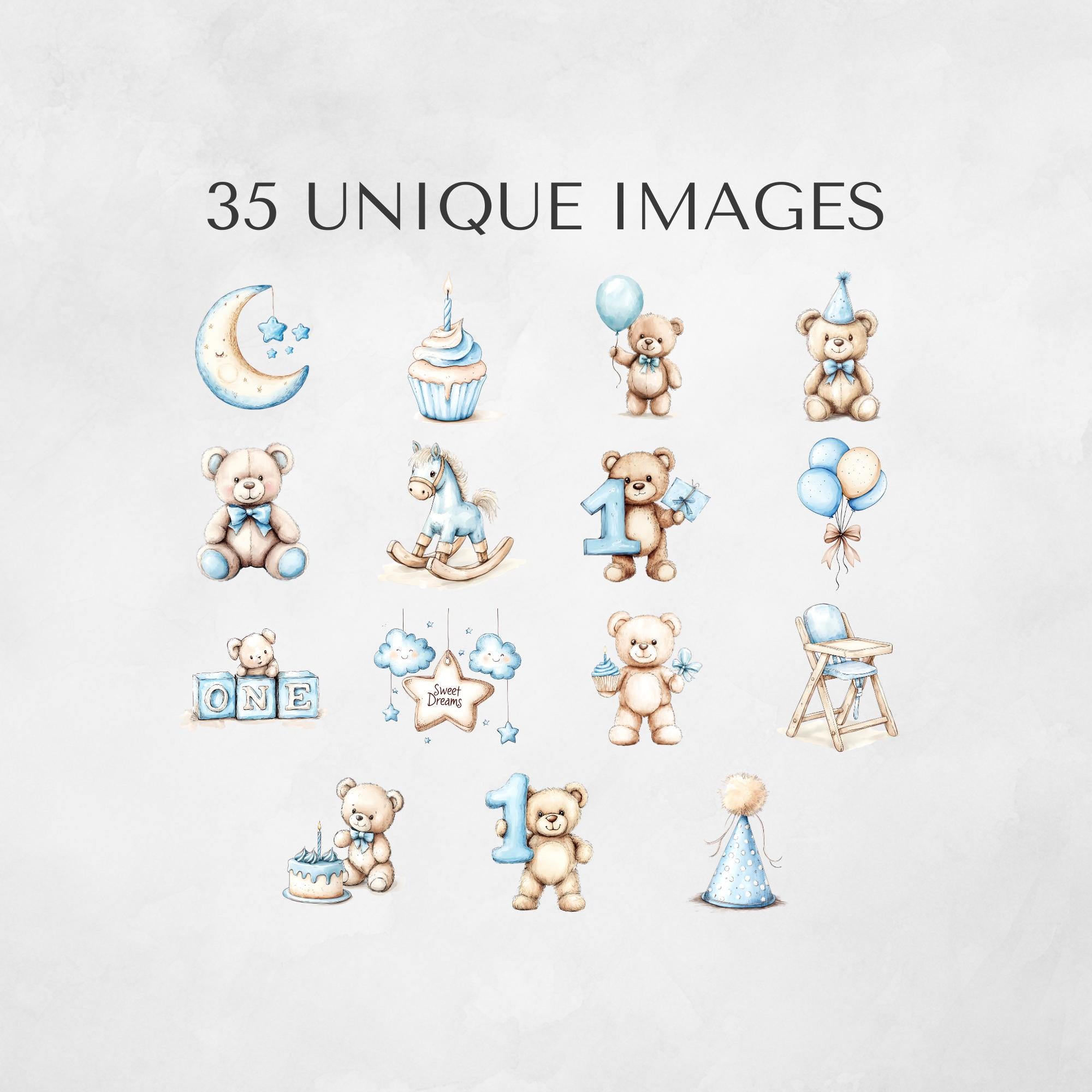 Blue Beary First Birthday Clipart Pack for Commercial Use, Baby Shower ...