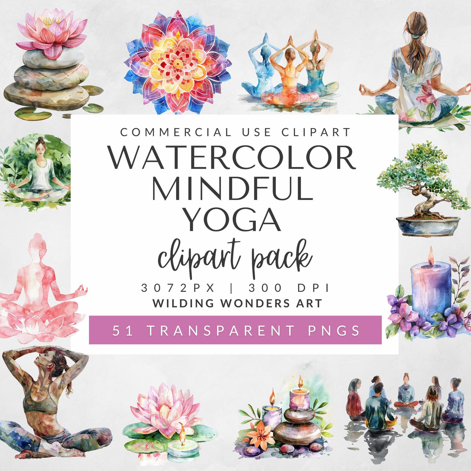 Watercolor Mindful Yoga Clipart Pack for Commercial Use, Meditation ...