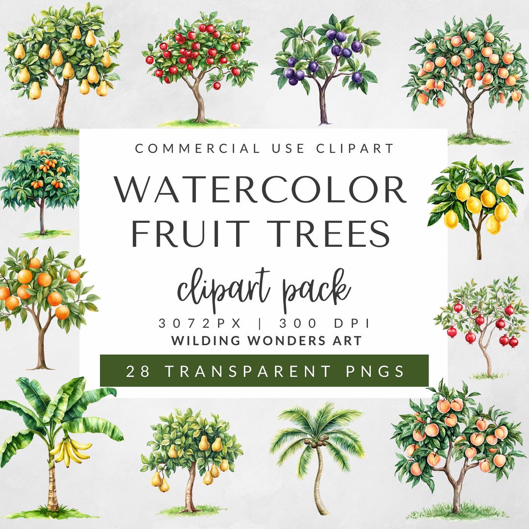 Watercolor Fruit Trees Clipart Pack for Commercial Use, Orange, Lemon ...