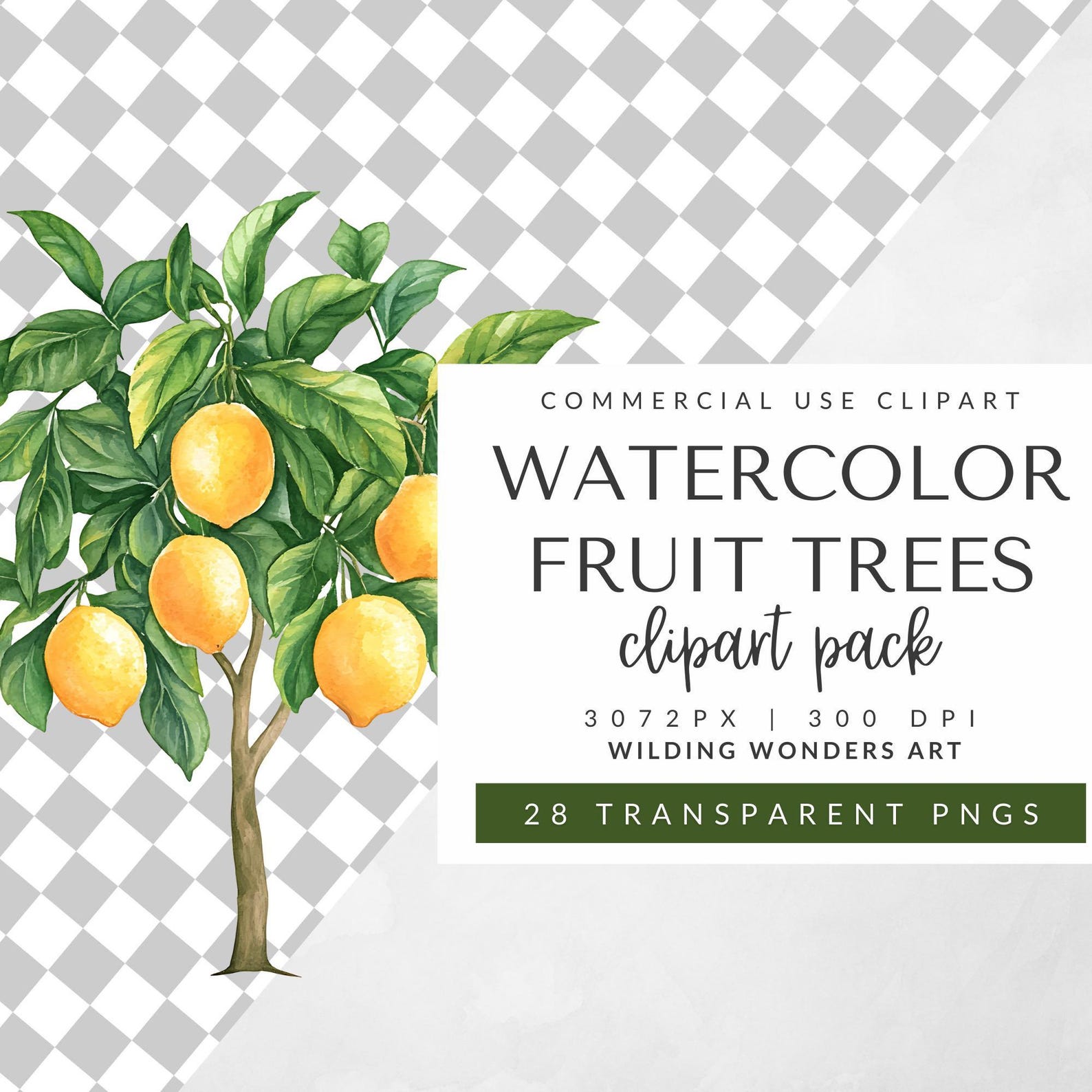 Watercolor Fruit Trees Clipart Pack for Commercial Use, Orange, Lemon ...