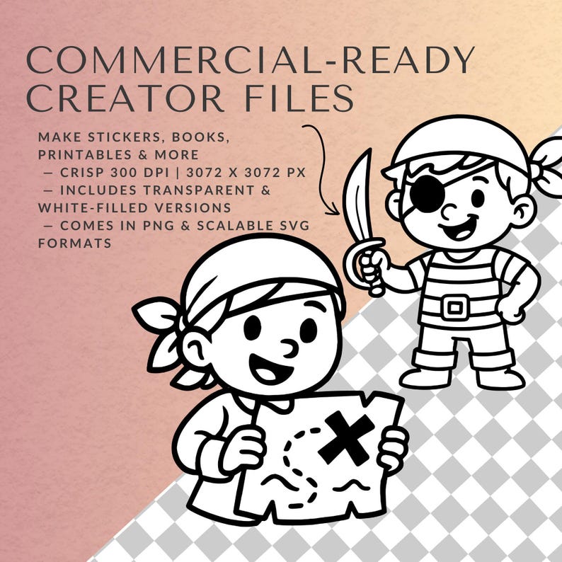Cute Pirate Black and White Clipart Pack for Commercial Use, Pirate ...