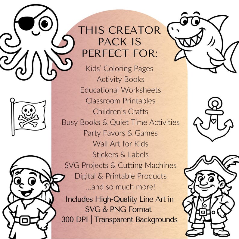 Cute Pirate Black and White Clipart Pack for Commercial Use, Pirate ...