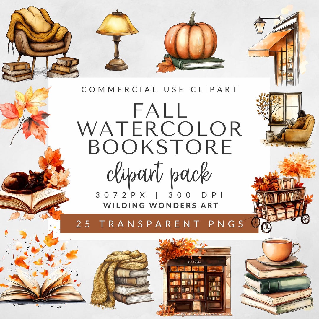 Fall Watercolor Bookstore Clipart Pack for Commercial Use, Cozy ...