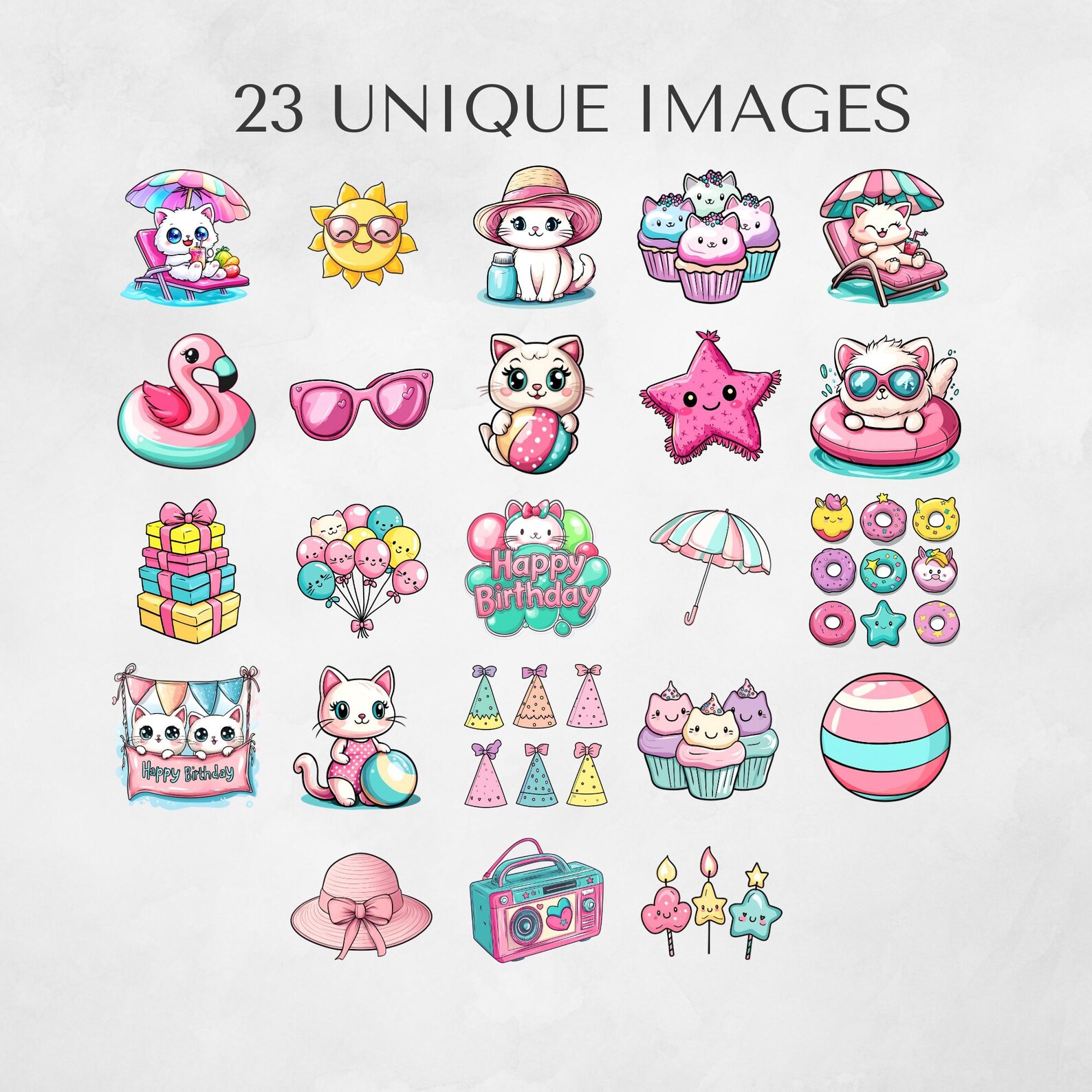 Kawaii Kitty Pool Party Clipart Pack for Commercial Use, Retro Kitty ...