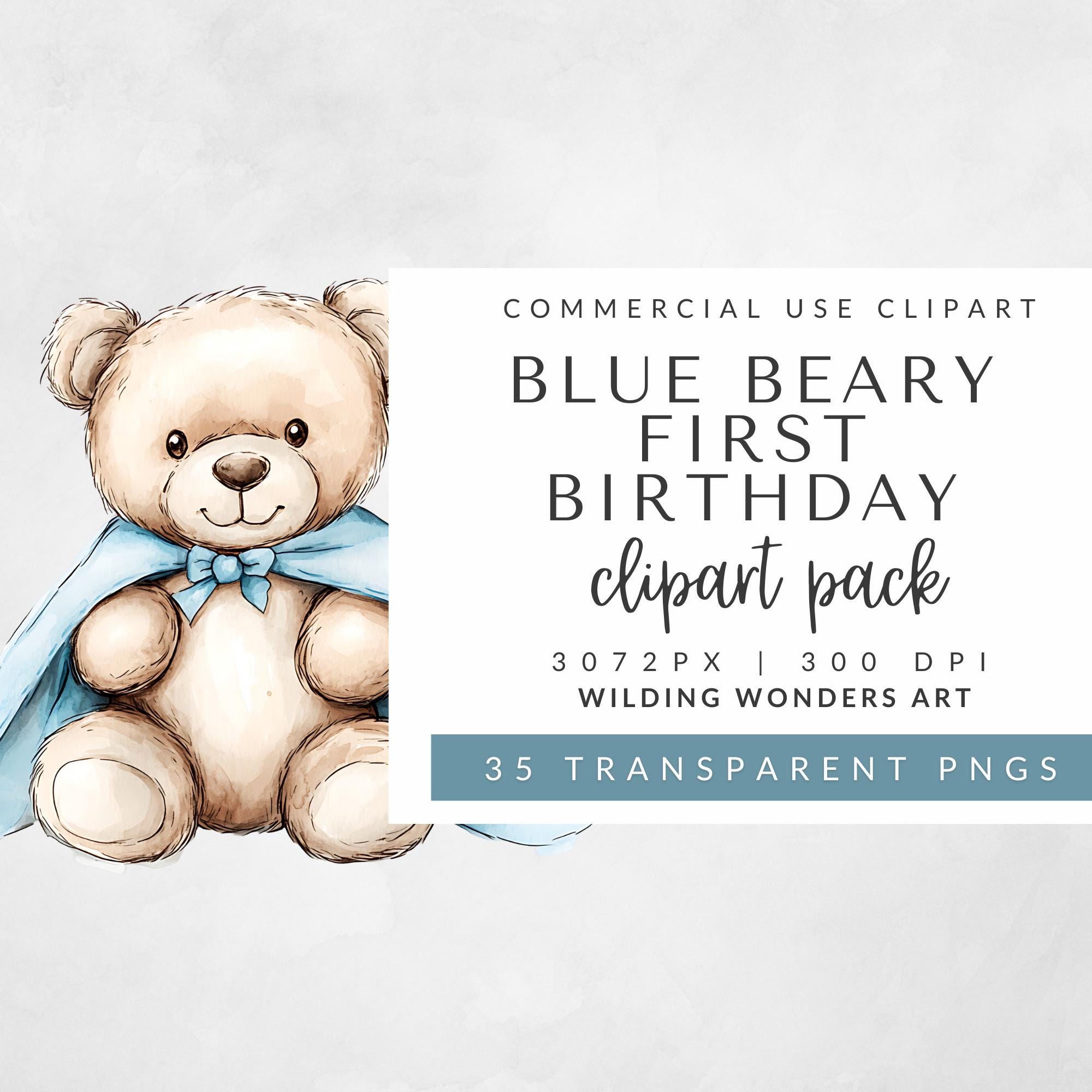 Blue Beary First Birthday Clipart Pack for Commercial Use, Baby Shower ...