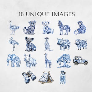 Blue Toile Safari Animals Clipart Pack for Commercial Use, Safari Toile ...
