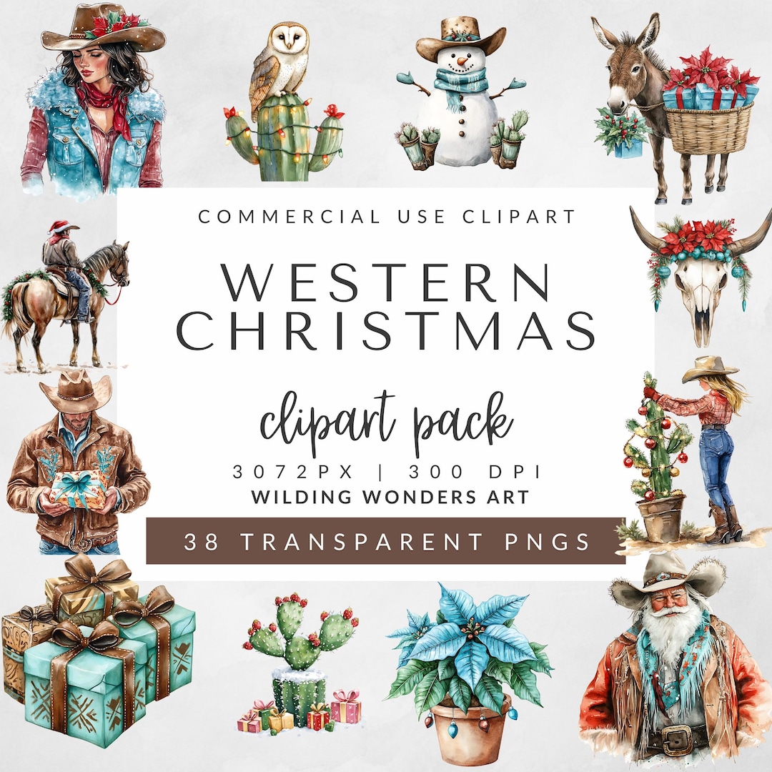Western Christmas Clipart Pack for Commercial Use, Cowboy Santa ...
