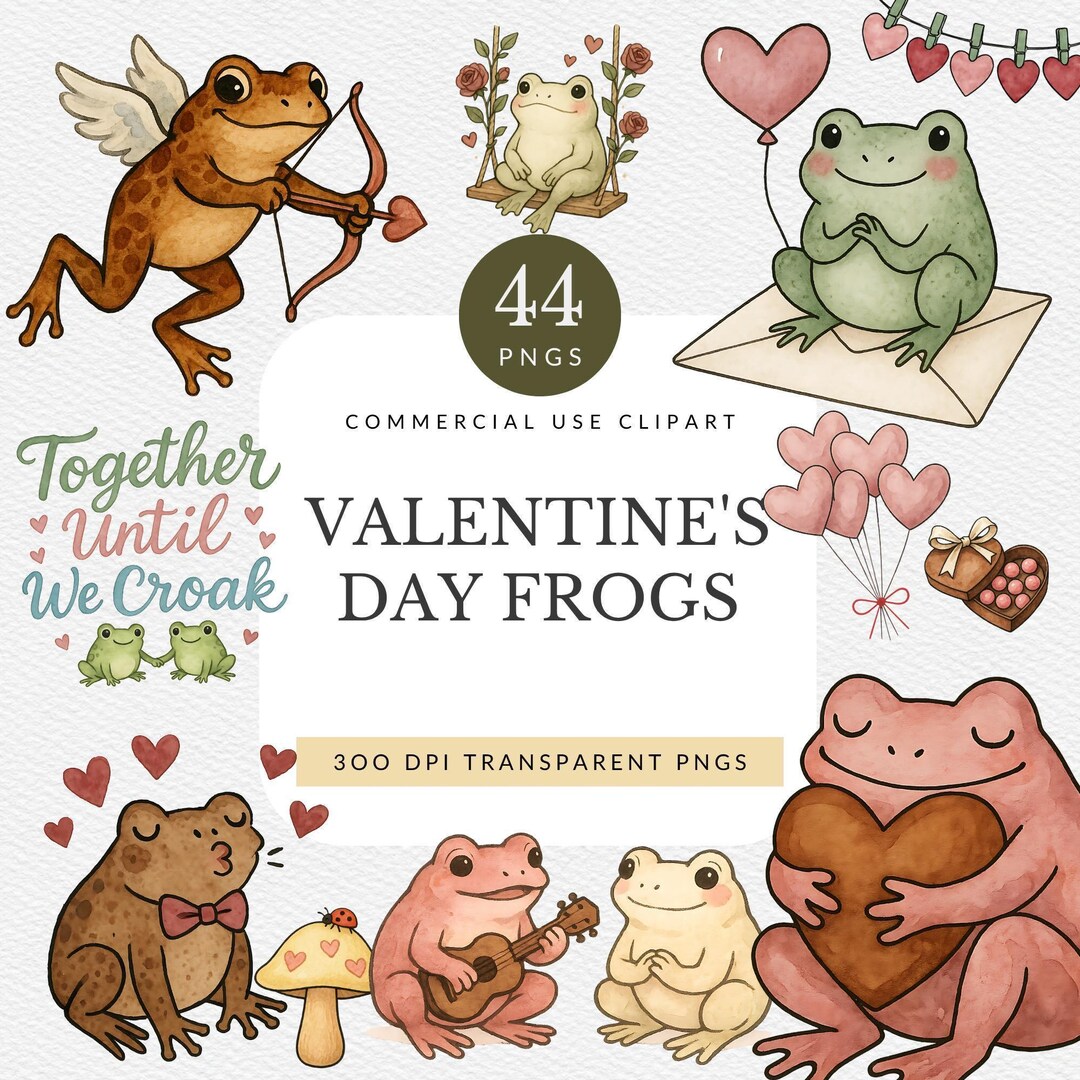 Valentine's Day Frog Clipart Pack for Commercial Use, Watercolor Frog ...
