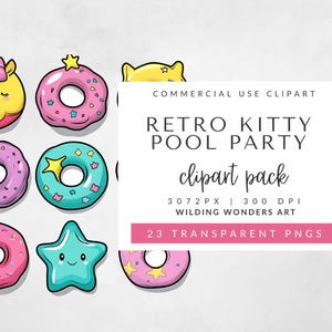 Kawaii Kitty Pool Party Clipart Pack for Commercial Use, Retro Kitty ...