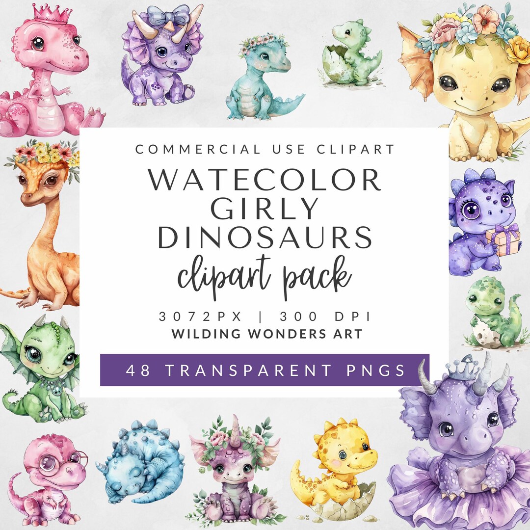 Watercolor Girly Dinosaurs Clipart Pack for Commercial Use, Cute Dino ...