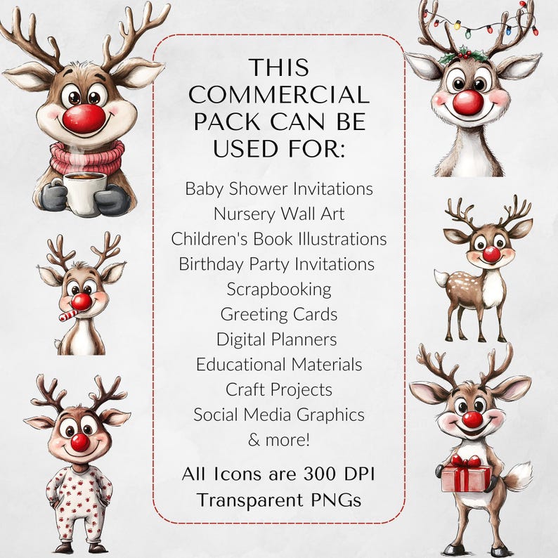 Quirky Reindeer Clipart Pack for Commercial Use, Christmas Reindeer ...