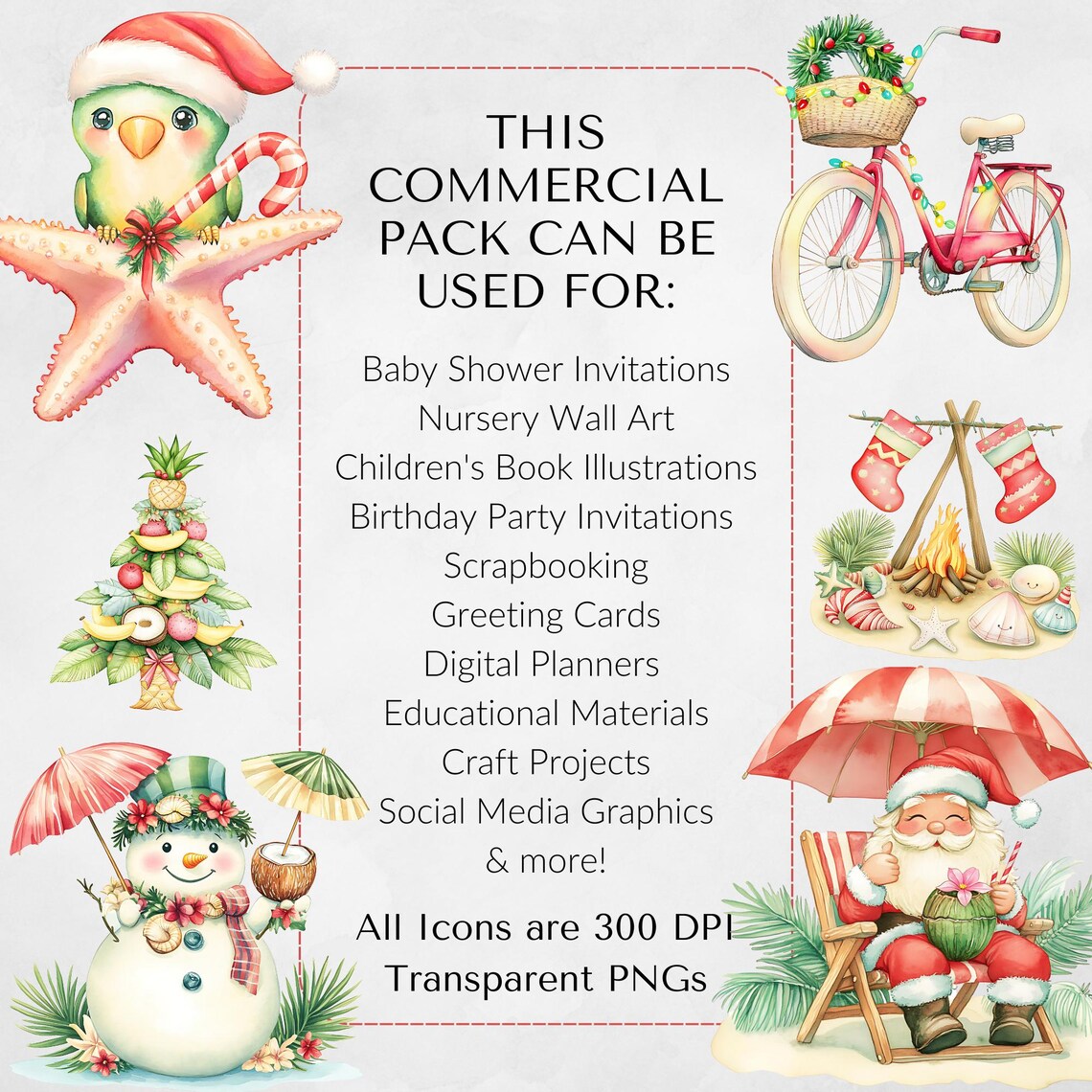 Santa on the Beach Clipart Pack for Commercial Use, Tropical Christmas ...