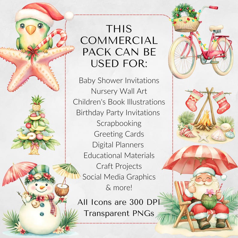 Santa on the Beach Clipart Pack for Commercial Use, Tropical Christmas ...