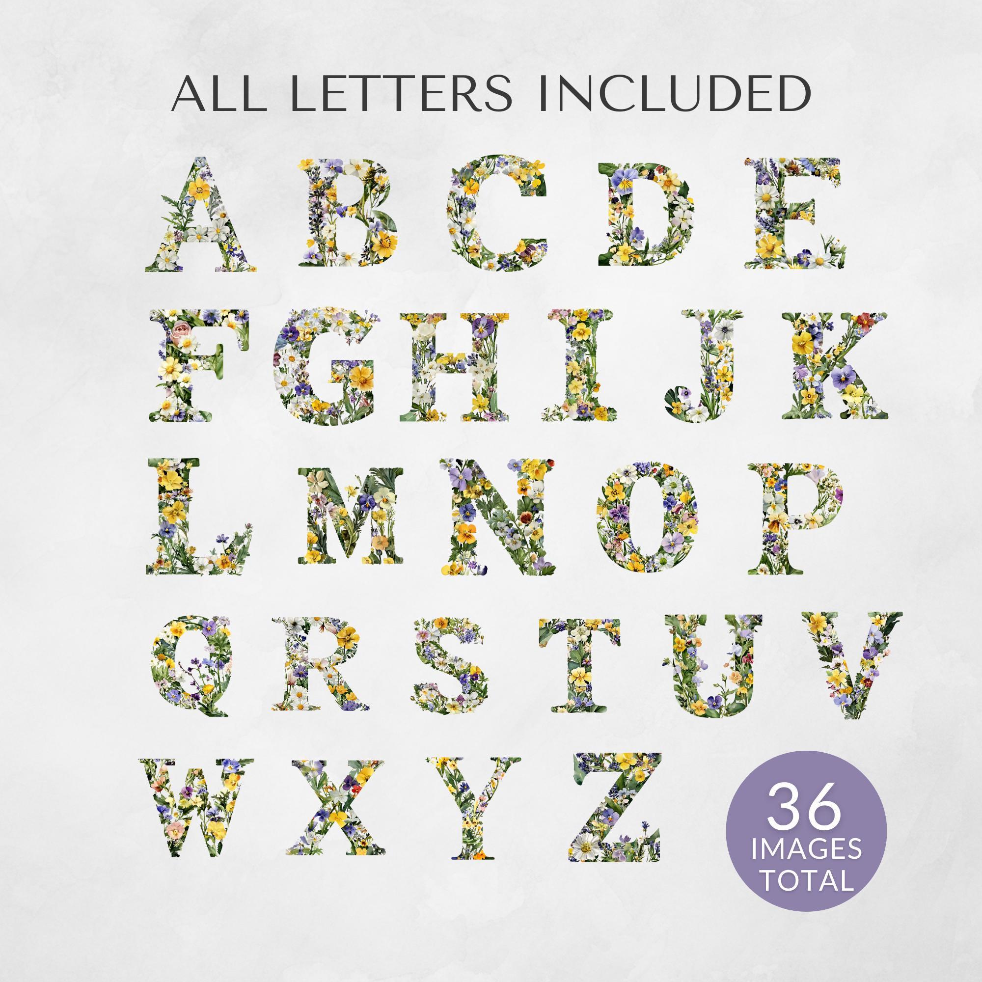 Wildflower Letters Clipart Pack for Commercial Use, Alphabet Watercolor ...
