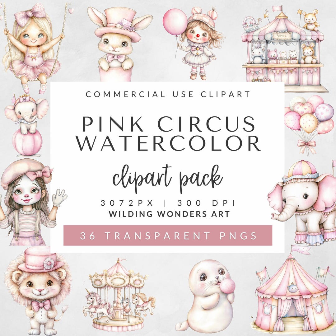 Pink Circus Watercolor Clipart Pack for Commercial Use | Pastel ...