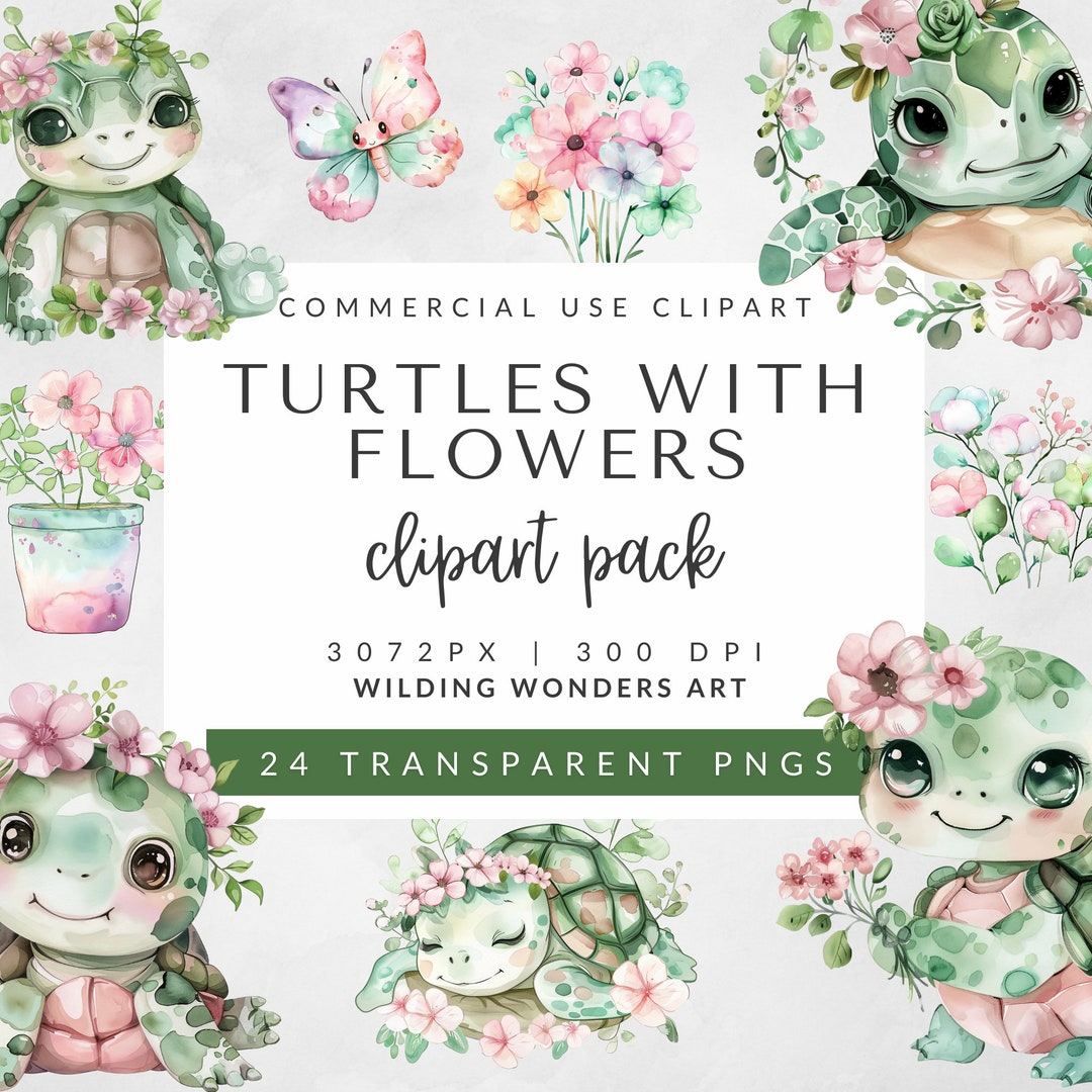 Baby Turtle With Flowers Clipart for Commerical Use, Watercolor Turtle ...