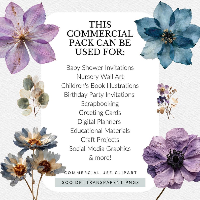 Blue & Purple Watercolor Flowers Clipart Pack for Commercial Use ...