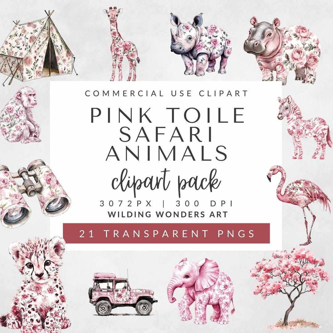 Pink Toile Safari Animals Clipart Pack for Commercial Use, Safari Toile ...