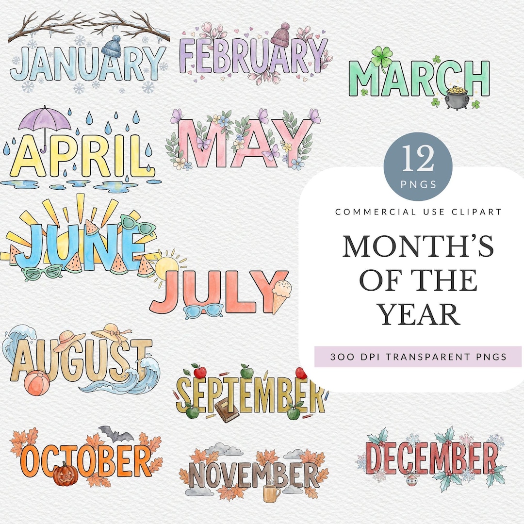 Months of the Year Clipart Pack for Commercial Use, Seasonal Calendar ...