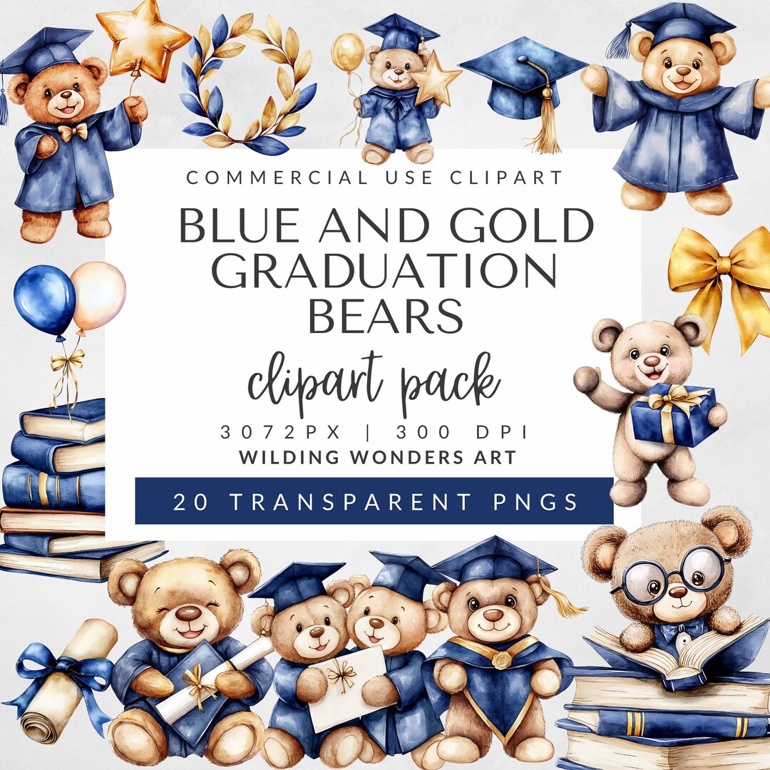 Blue and Gold Graduation Bears Clipart Pack for Commercial Use ...