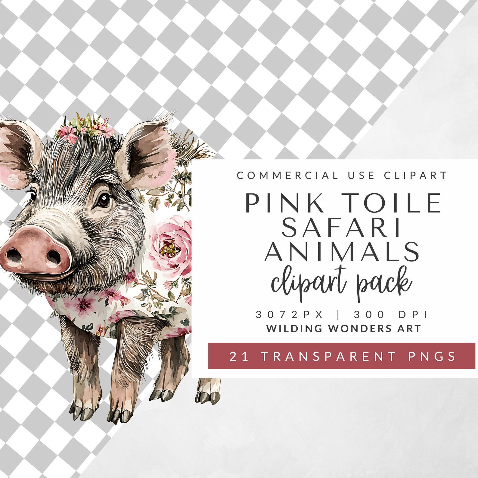 Pink Toile Safari Animals Clipart Pack for Commercial Use, Safari Toile ...