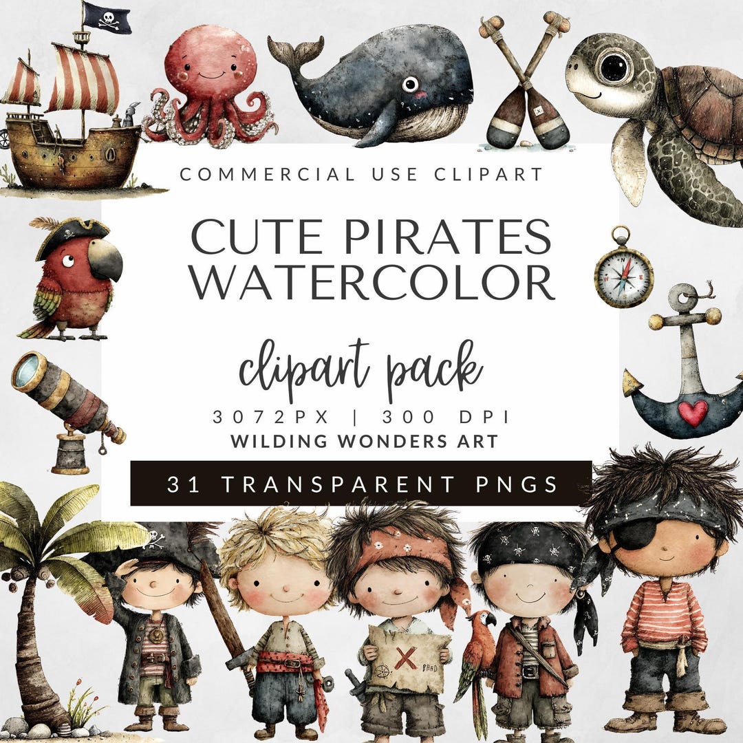 Cute Pirates Watercolor Clipart Pack for Commercial Use, Pirate Ship ...