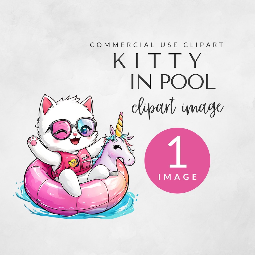 Watercolor Kitty in Pool Clipart for Commercial Use, Cute Cat Clipart ...