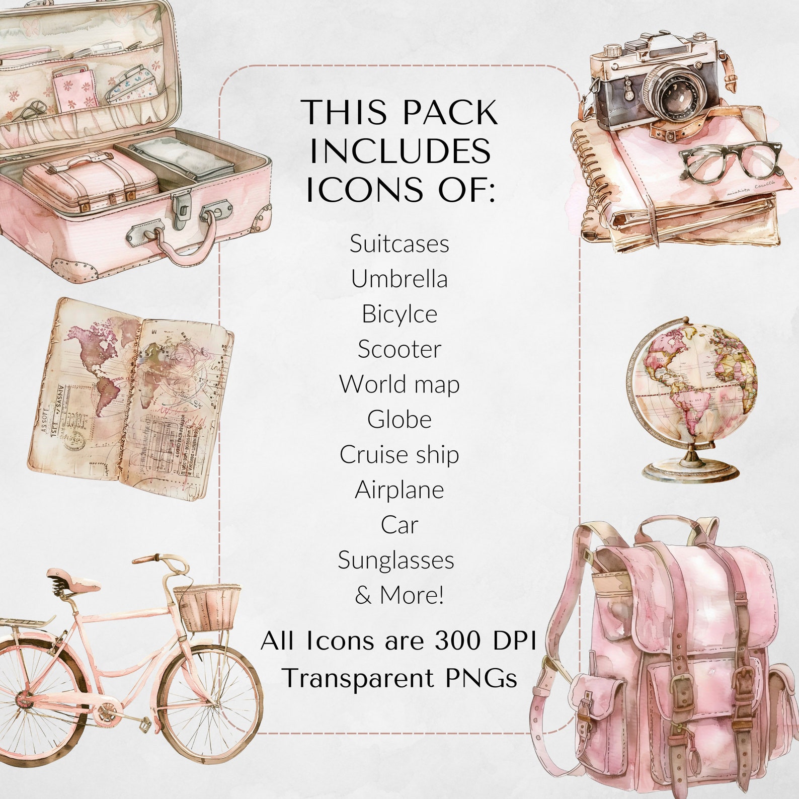 Travel Watercolor Pink Girly Clipart Pack for Commercial Use, Travel ...