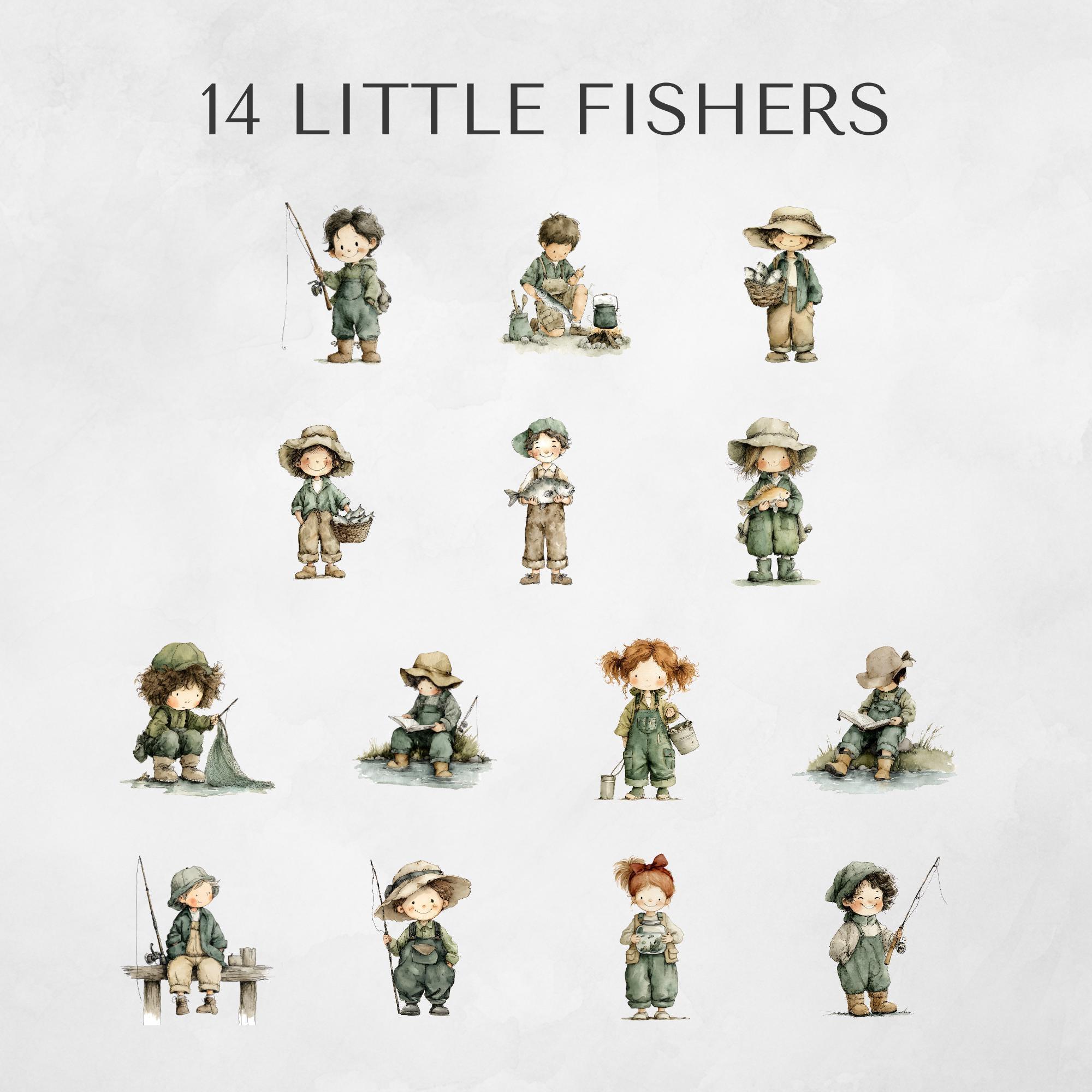 Watercolor Fishing Clipart: Little Fishers PNG, Kid Fishermen, Fishing ...