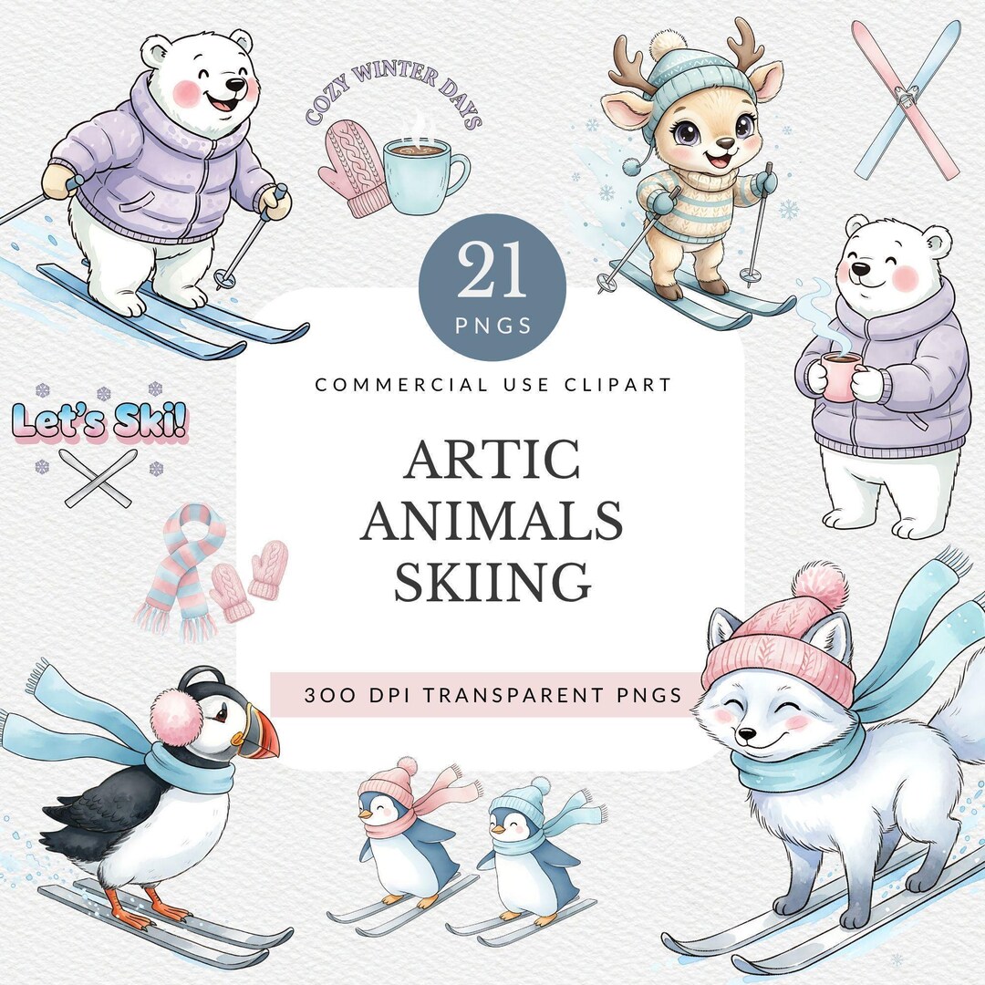 Arctic Animals Skiing Clipart Pack for Commercial Use, Winter Holiday ...