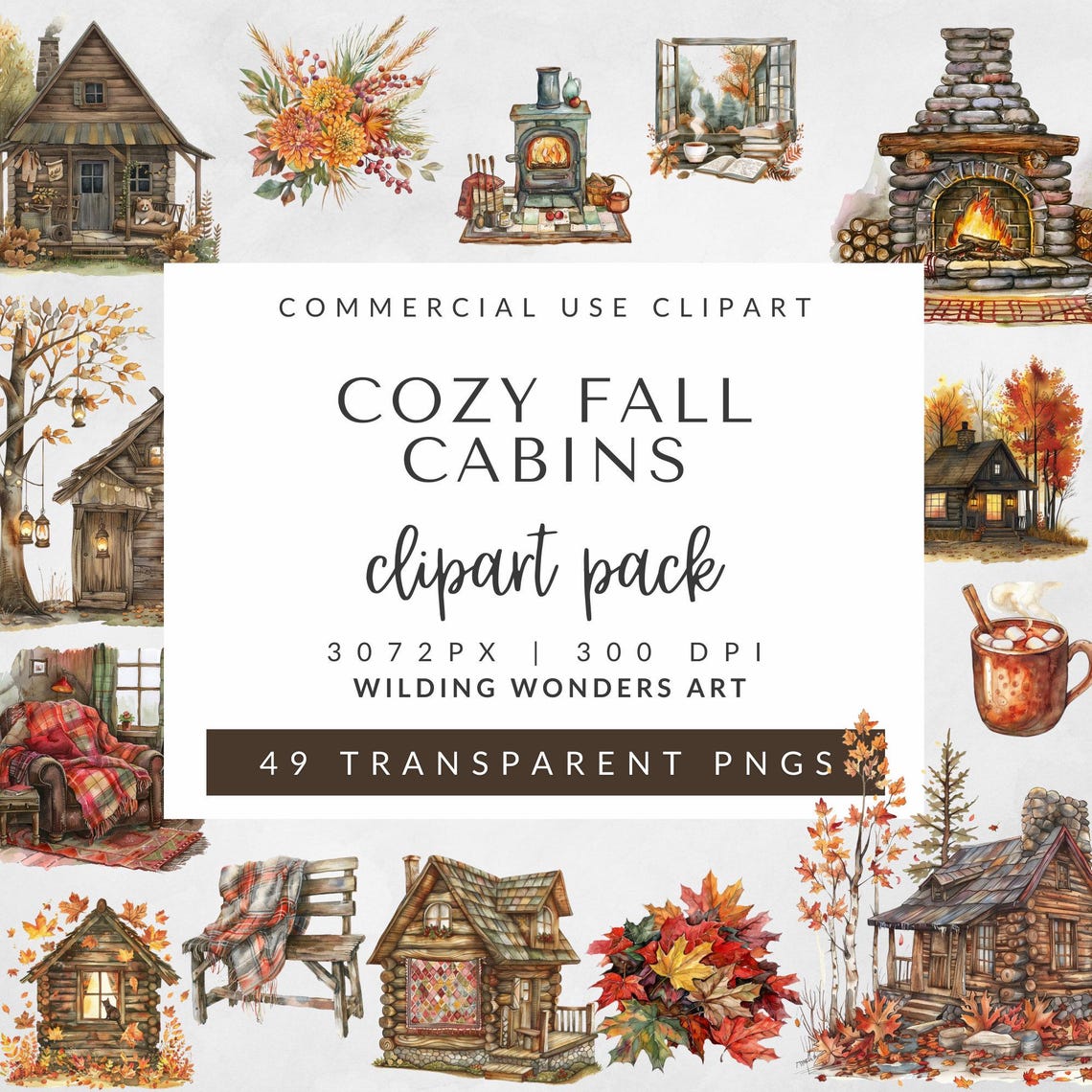 Watercolor Cozy Fall Cabin Clipart Pack for Commercial Use, Autumn ...