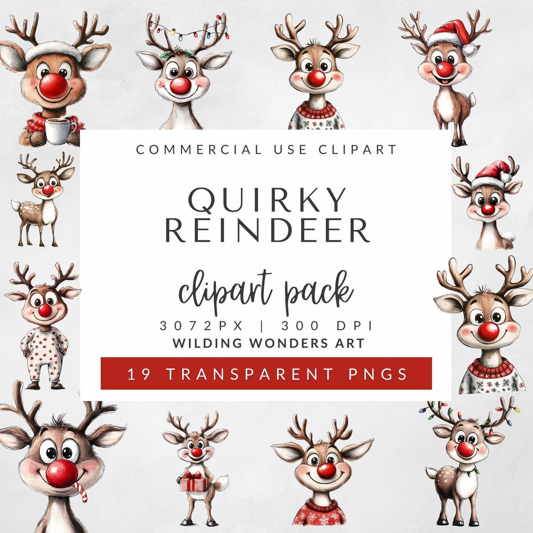 Quirky Reindeer Clipart Pack for Commercial Use, Christmas Reindeer ...