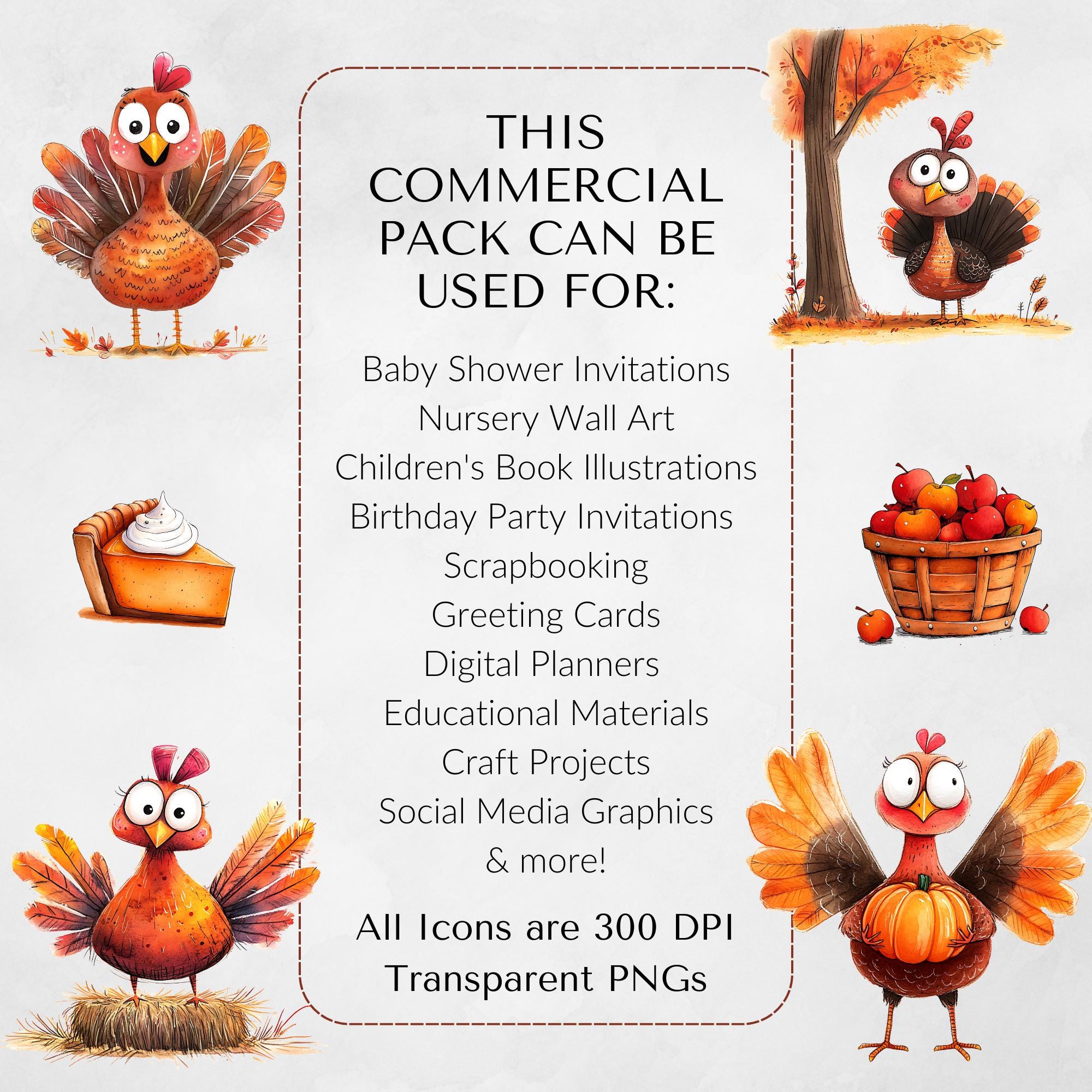 Quirky Turkeys Clipart Pack for Commercial Use, Thanksgiving Turkey ...