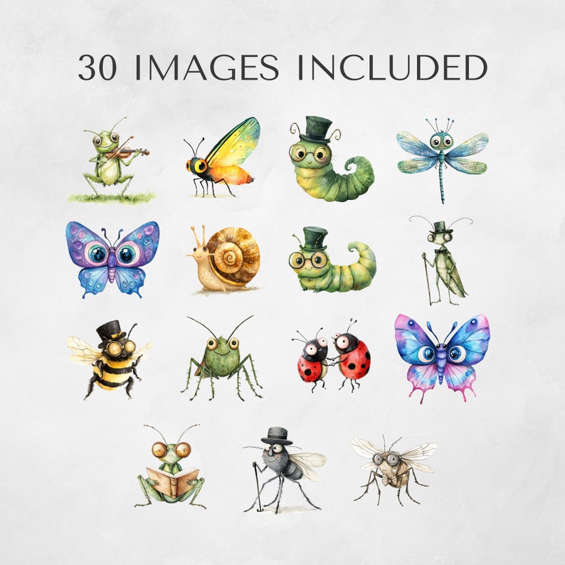 Quirky Insects Watercolor Clipart for Commercial Use, Whimsical Bugs ...