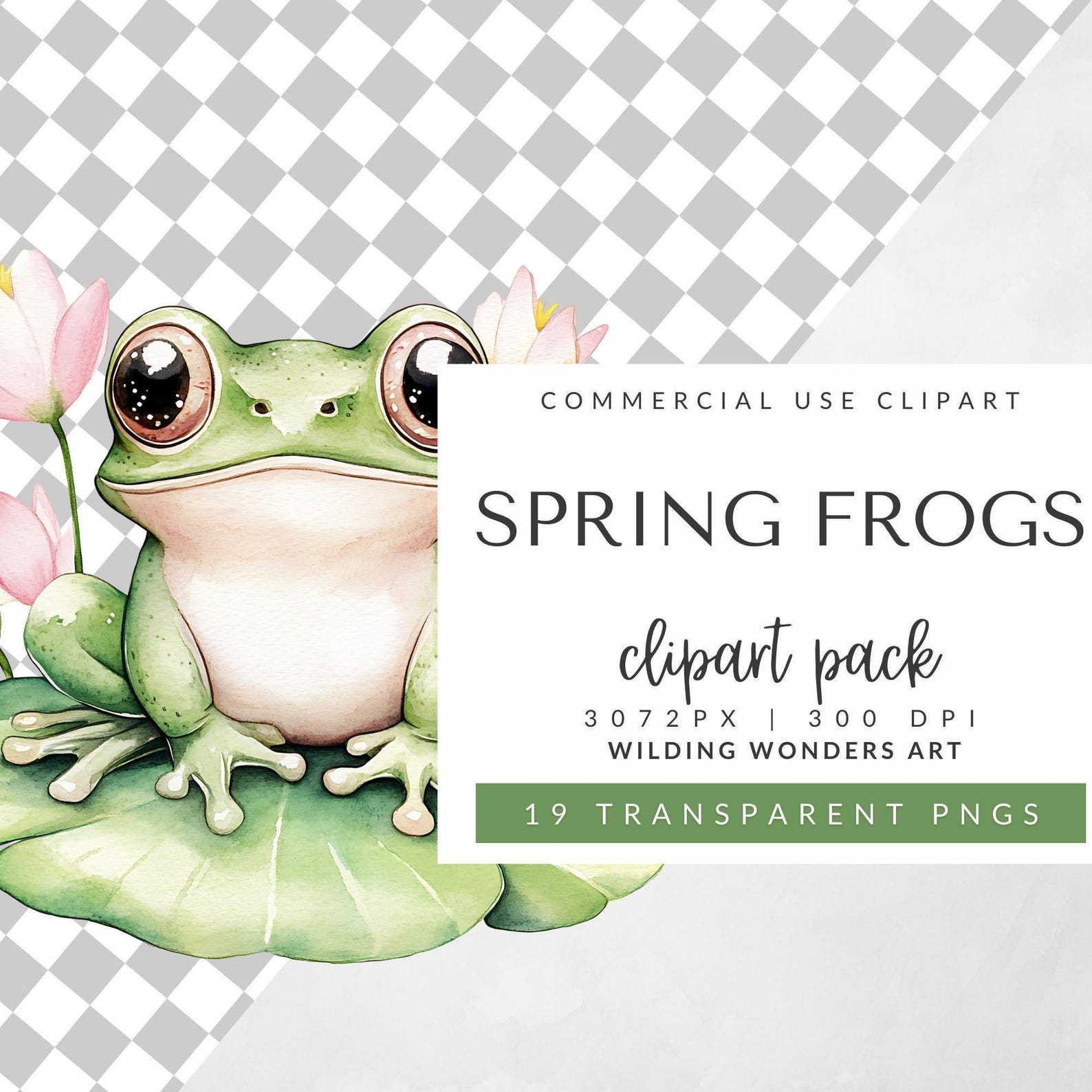 Spring Frogs Clipart Pack for Commercial Use, Watercolor Frog, Cute ...