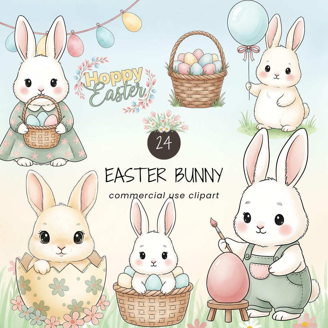 Easter Bunny Clipart Pack for Commercial Use, Pastel Spring PNG Bundle ...