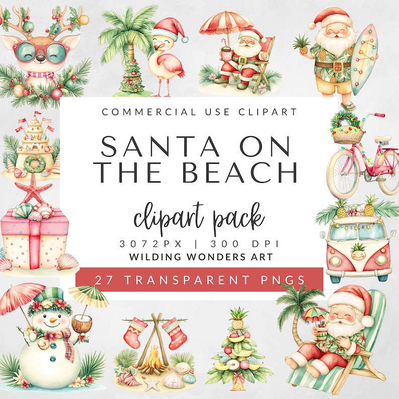 Santa on the Beach Clipart Pack for Commercial Use, Tropical Christmas ...