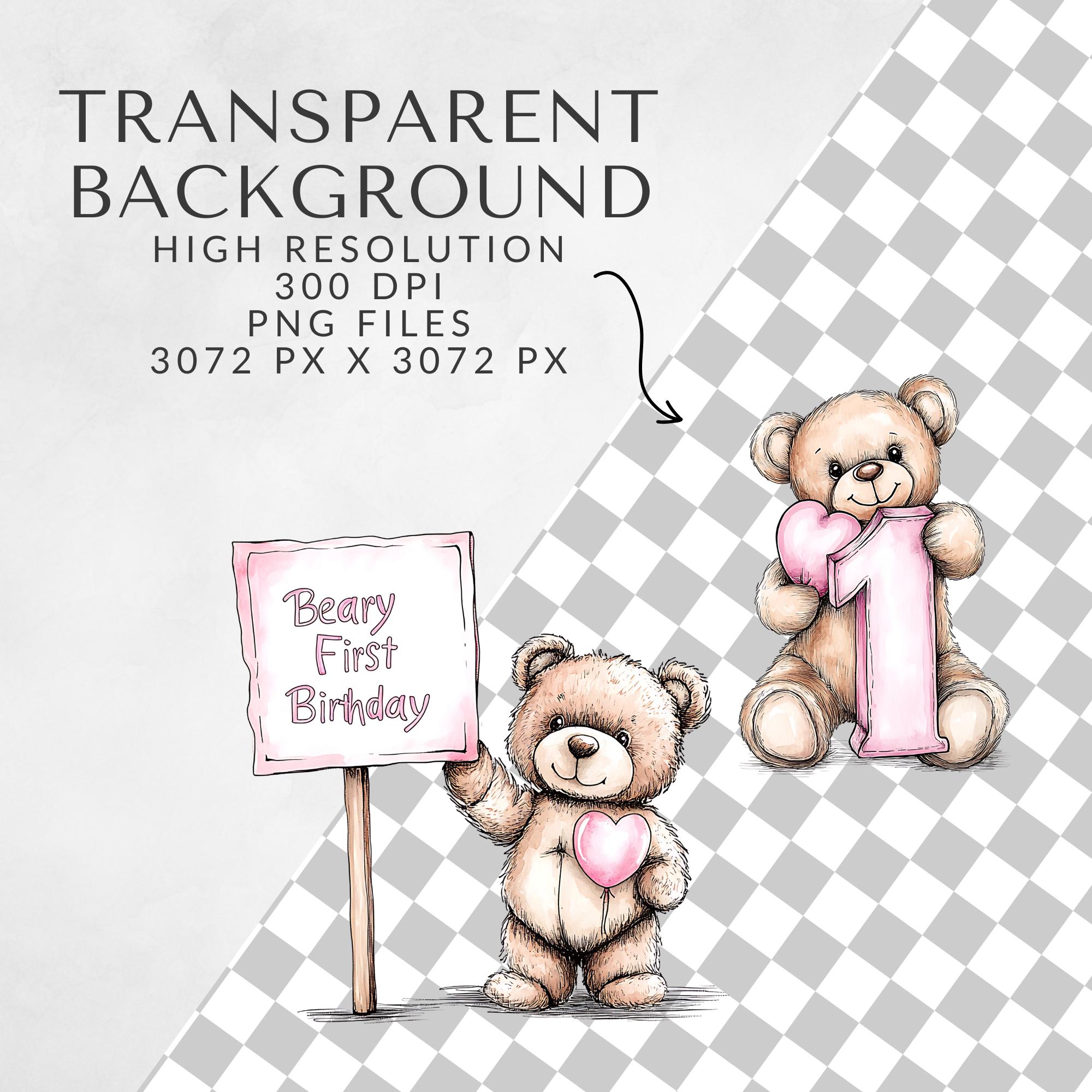 Pink Beary First Birthday Clipart Pack for Commercial Use, Baby Shower ...