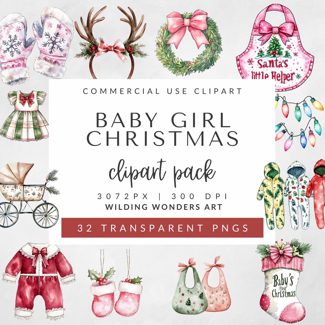 Baby Girl Christmas Clothes Clipart for Commercial Use: Watercolor ...