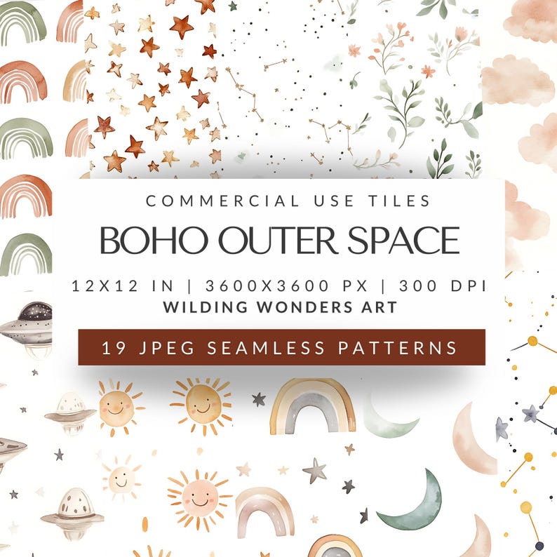 Boho Outer Space Clipart Pack for Commercial Use, Seamless Patterns ...