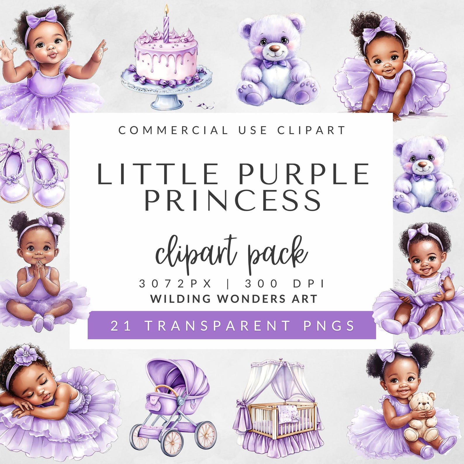 Purple Baby Dress Clipart Pack for Commercial Use, Black Girl Princess ...