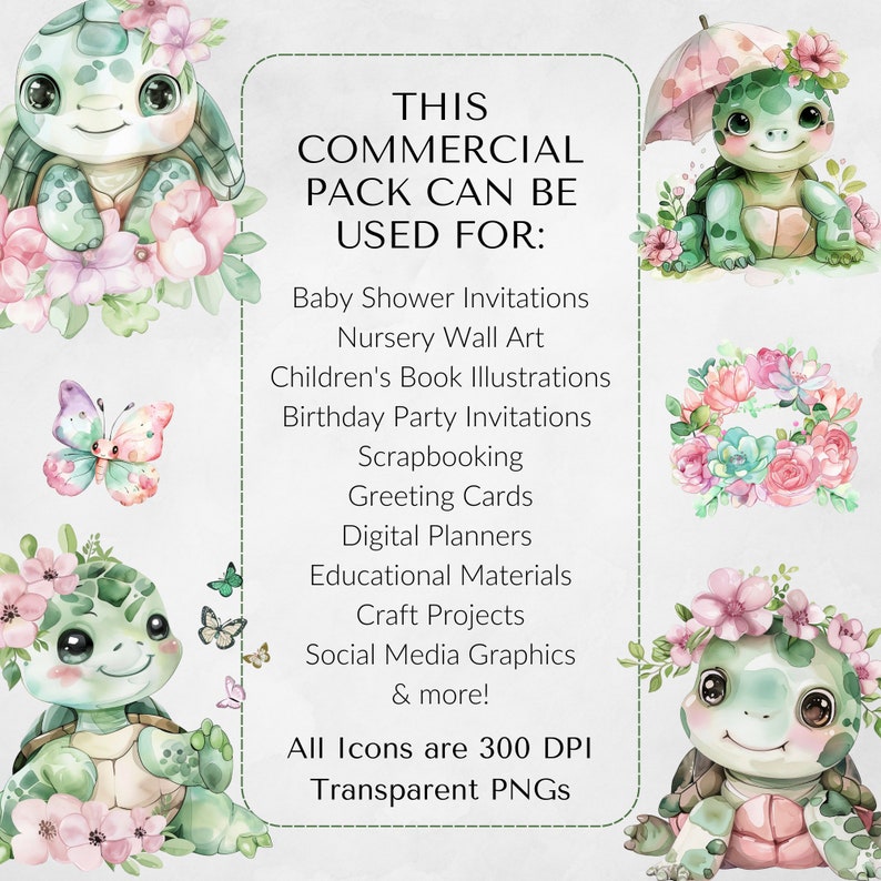 Baby Turtle With Flowers Clipart for Commerical Use, Watercolor Turtle ...