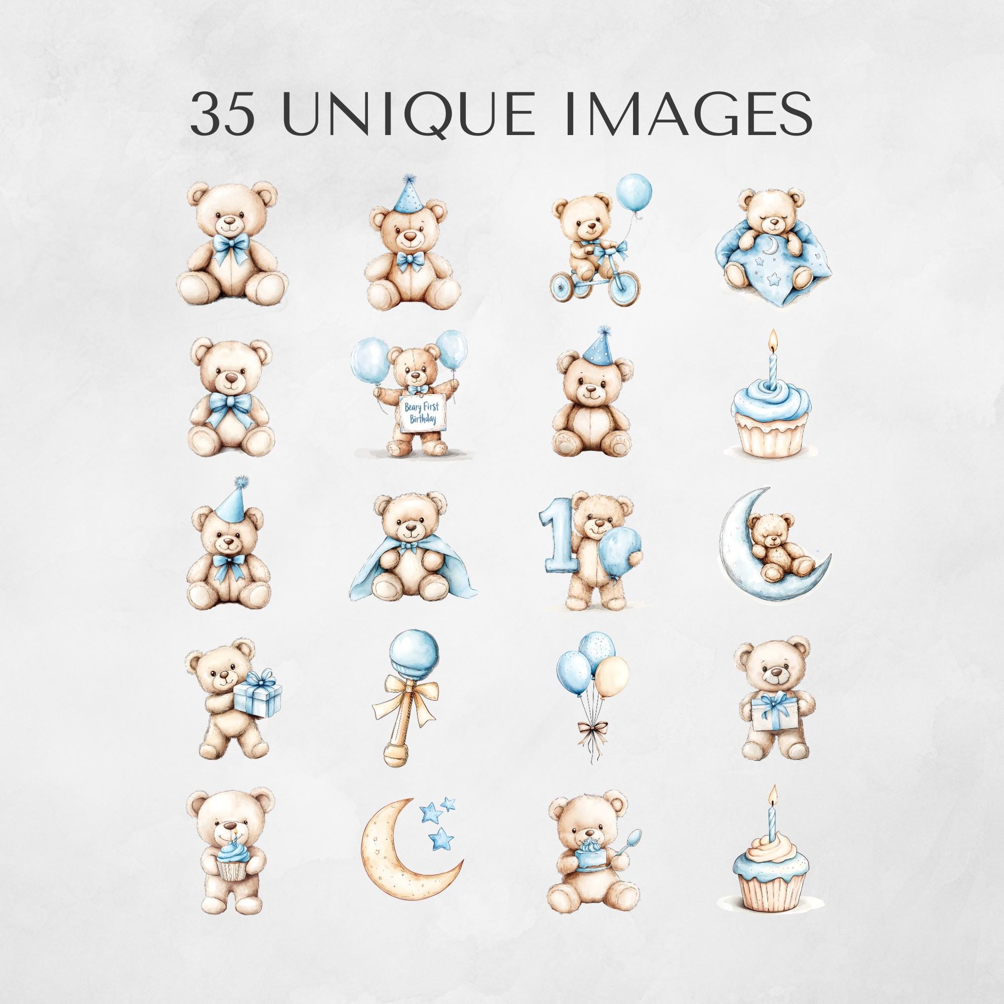 Blue Beary First Birthday Clipart Pack for Commercial Use, Baby Shower ...