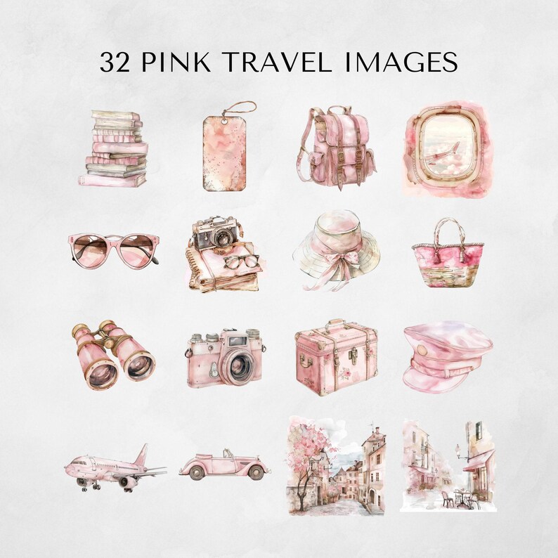 Travel Watercolor Pink Girly Clipart Pack for Commercial Use, Travel ...