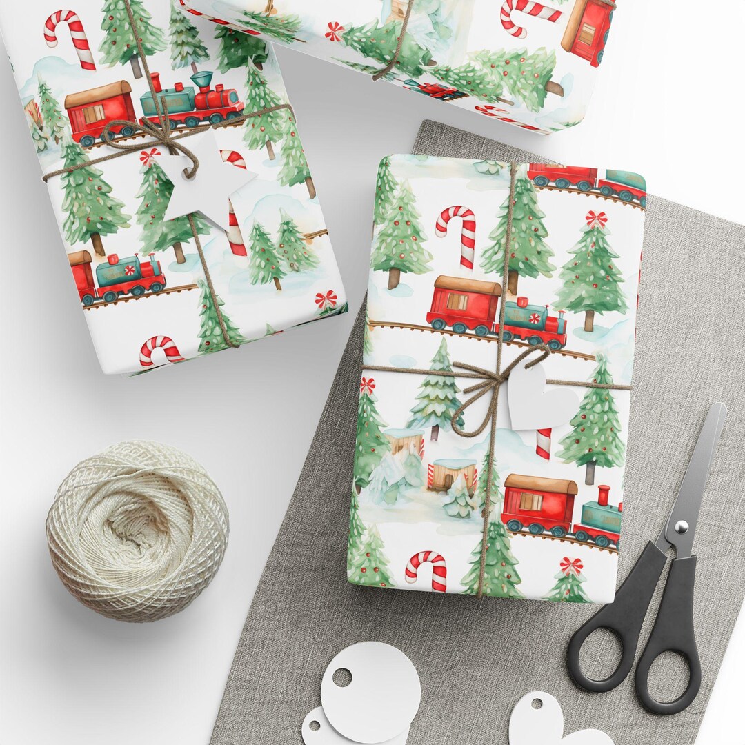 Christmas Train Gift Wrap, Vintage Train Set Watercolor Holiday ...