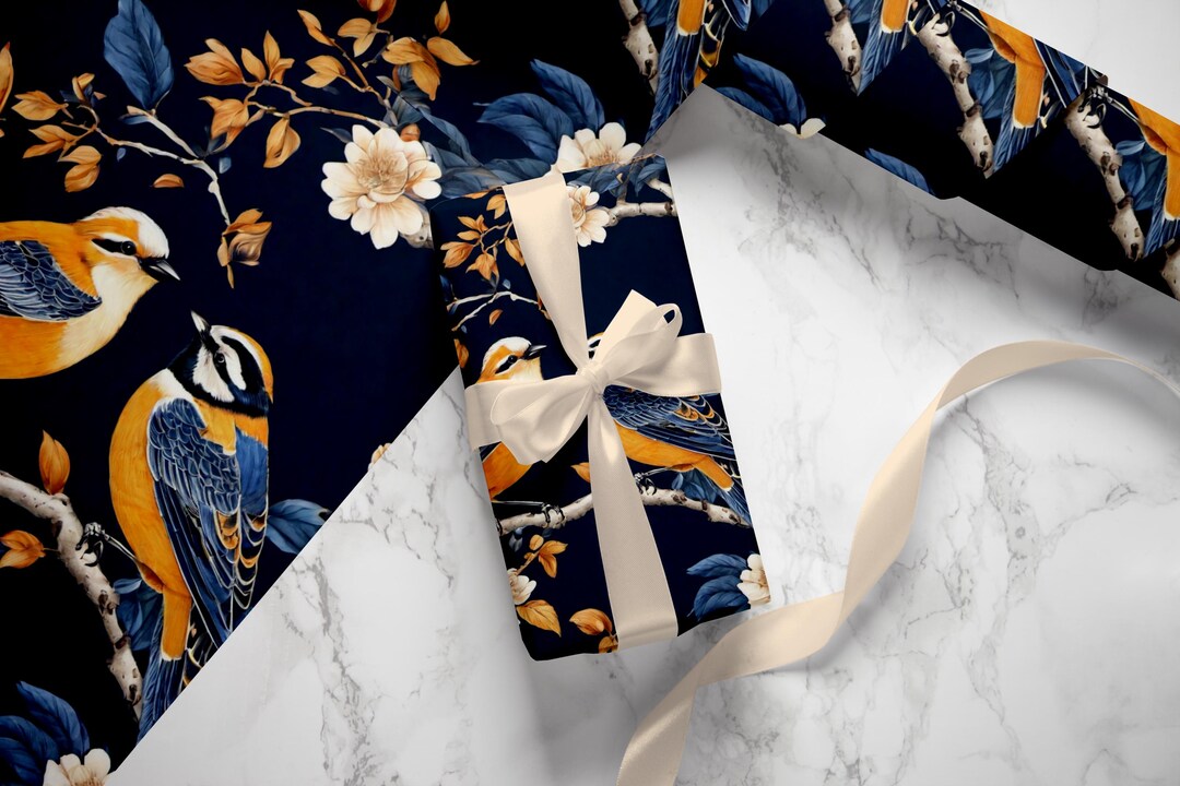 Chinoiserie Birds Wrapping Paper, Luxury Navy Botanical Gift Wrap ...