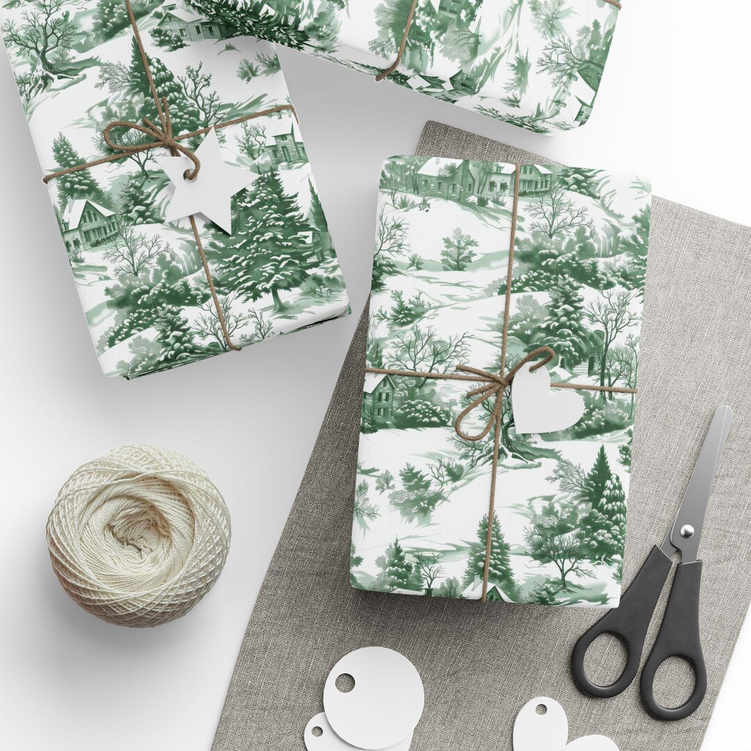 Green Toile Gift Wrap Roll, Christmas Packaging Wrap Paper, Vintage ...