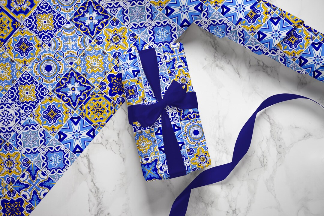 Blue Mediterranean Tile Gift Wrap: Citrus Wedding Wrapping Paper - Etsy