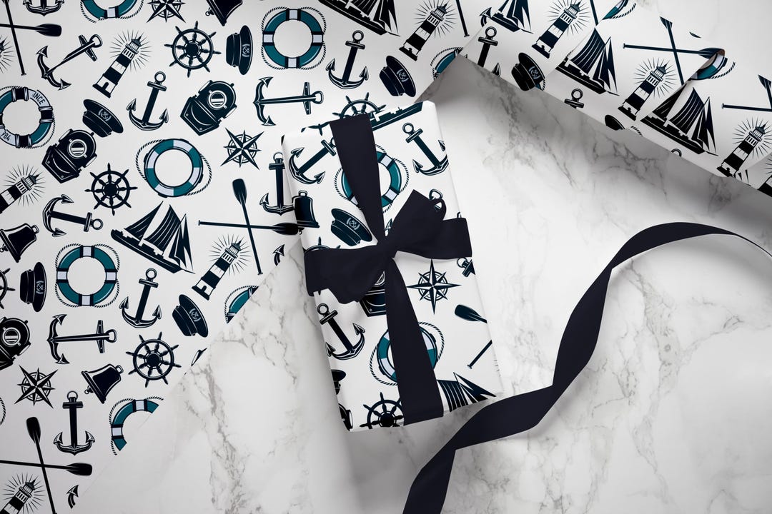 Nautical Wrapping Papers, Anchor Gift Wrap, Ocean Themed Paper, Coastal ...